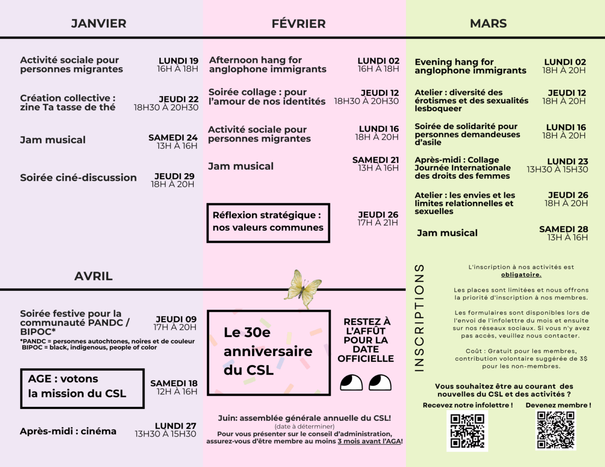 La programmation hiver 2026 est arrivée! – Centre de Solidarité Lesbienne